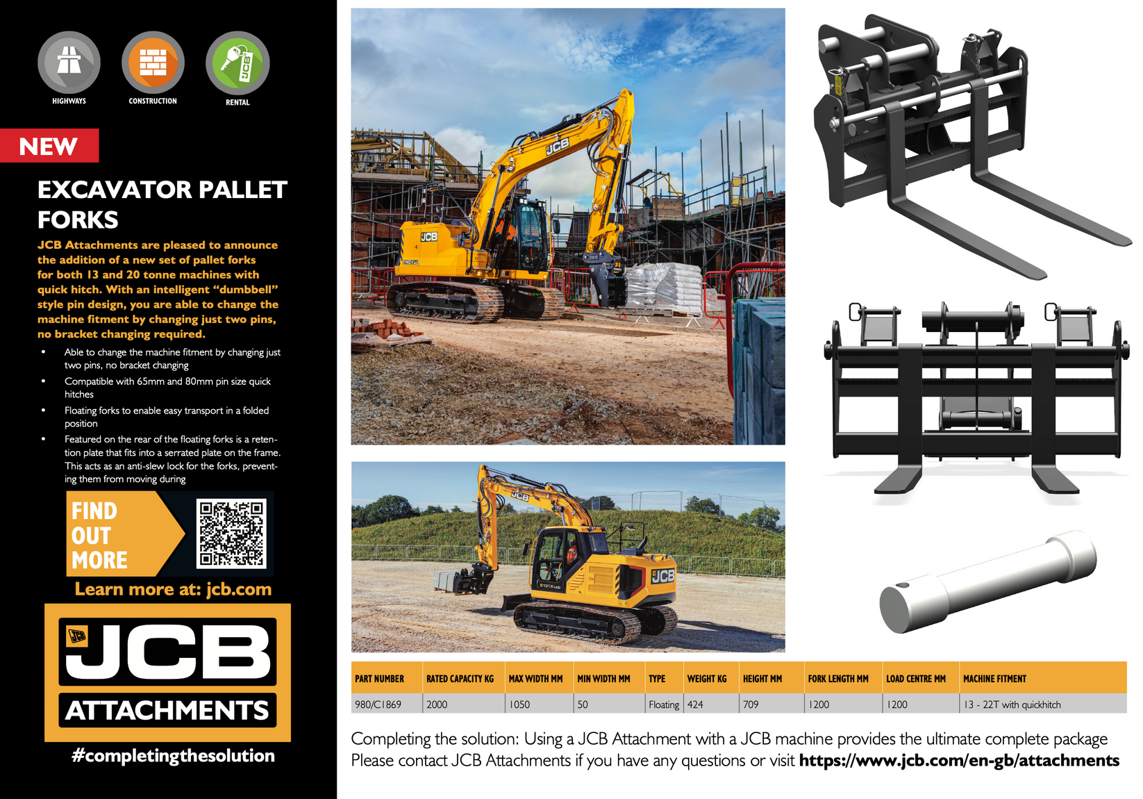JCB 13-22 Tonne Excavator Pallet Forks (65 or 80mm pin fitment): 980/C ...
